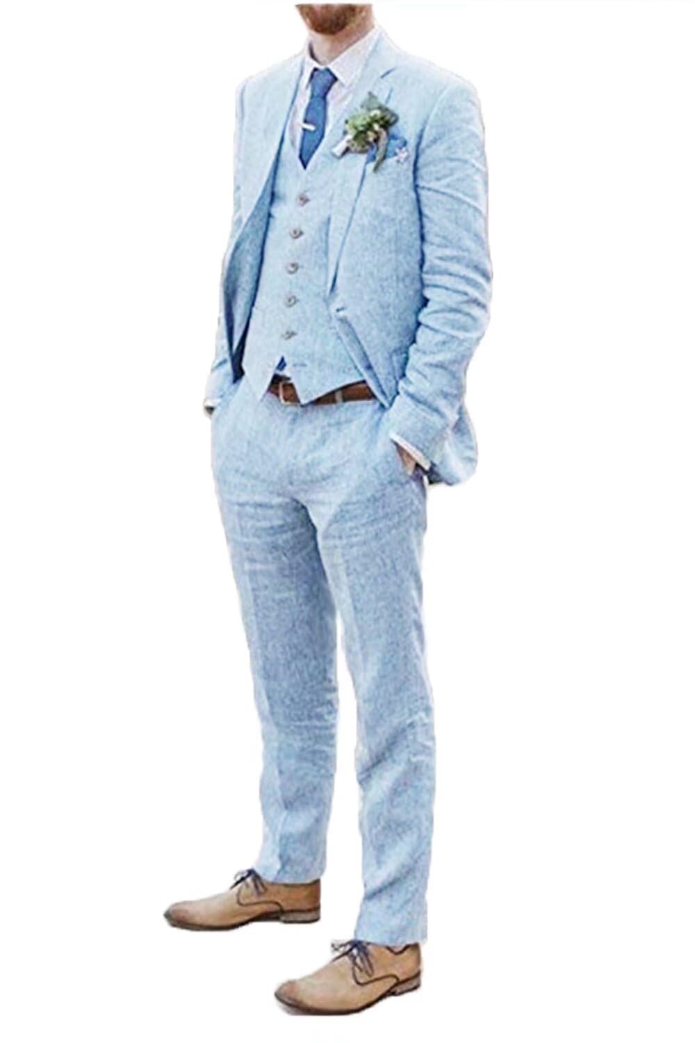 Snapklik.com : Linen Wedding Suits For Men Baby Blue 3 Pieces Prom ...