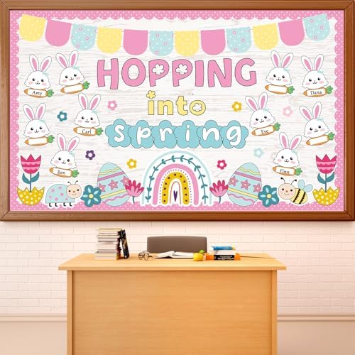 Amazon.com: Spring Easter Bunny Bulletin Board Set Hopping Into Spring ...