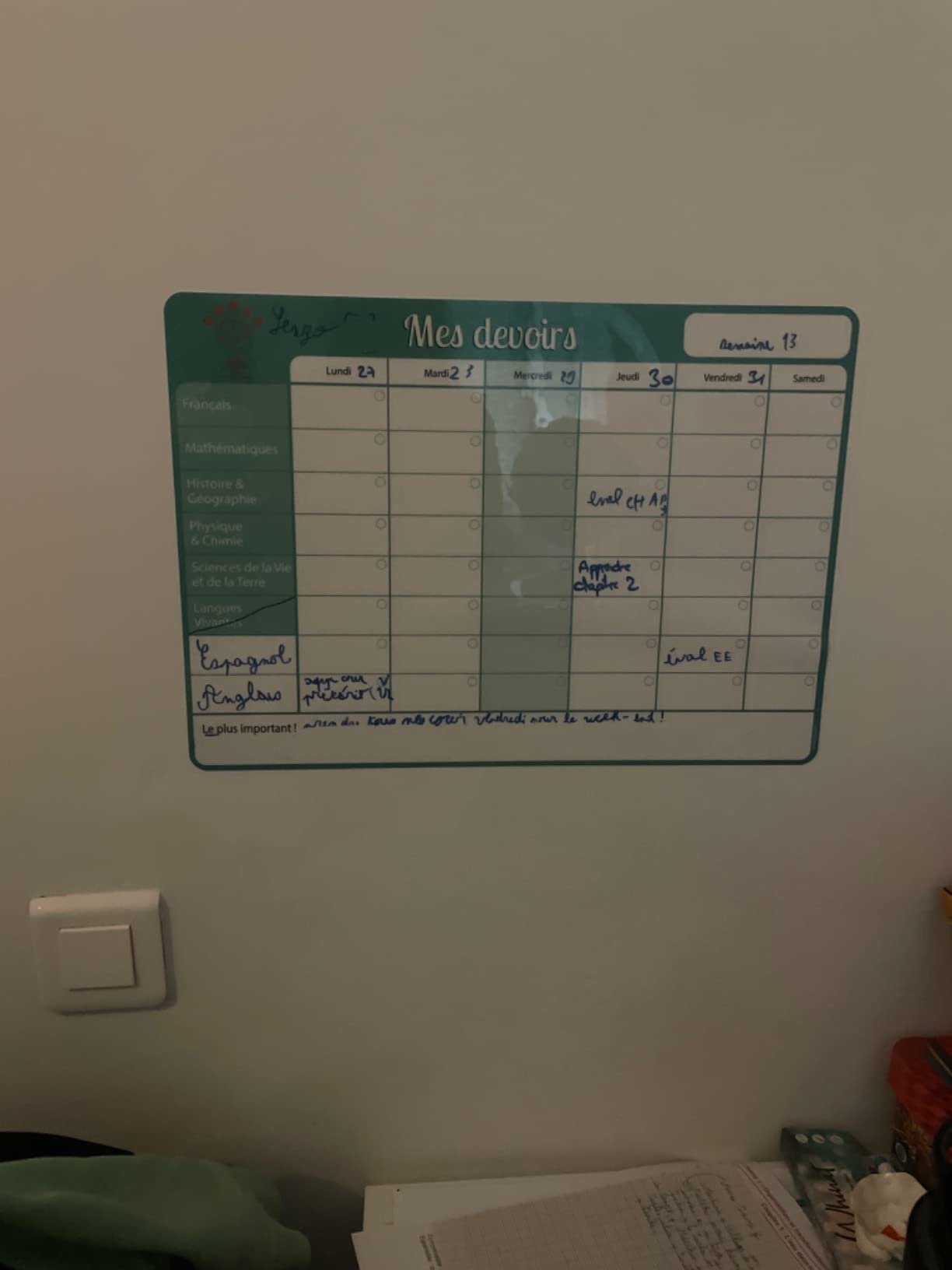 Planning de révision des devoirs d'école de votre semaine/Tableau blanc ...