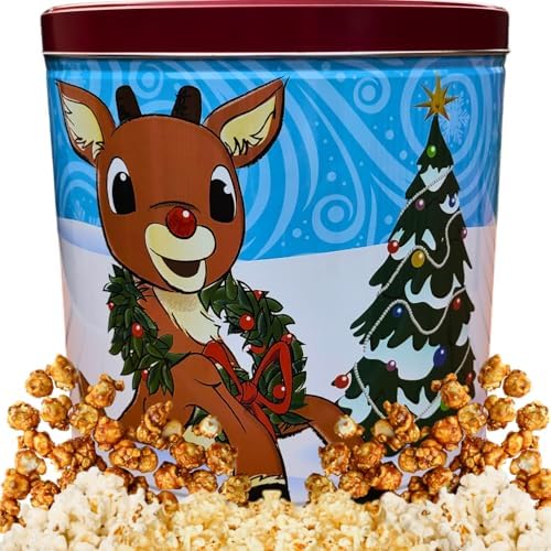 Amazon.com: Christmas Popcorn Gift Tin Reindeer Red Nose Happy Holidays ...