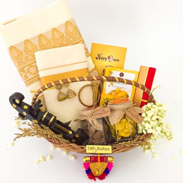 Angroos Traditional Onam Gift Hamper with Onam saree and Dhoti, Kerala Saree, a boat, fruit ...