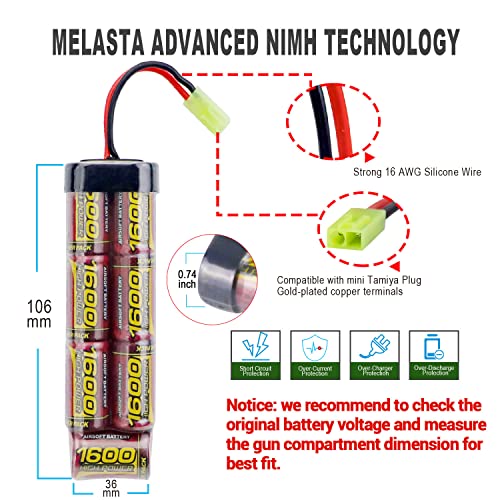 melasta Airsoft Battery 8.4V 1600mAh NiMH Battery Pack with Mini Tamiya ...
