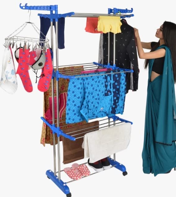 TNC Stainless Steel Double Poll 3 Tier Cloth Rack, Cloth Stand, Drying ...