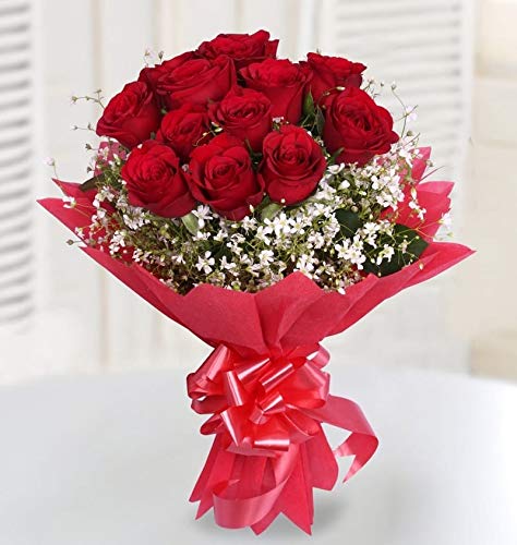 Sprinkle Dreams 12 Red Fresh Flowers Roses Bouquet : Amazon.in: Home ...