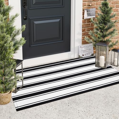 Collive Black and White Outdoor Rug, 2x4.3 Striped Front Door Rug ...