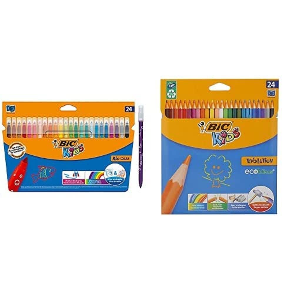 Bic Kids Kid Couleur, Washable Felt Tip Pens, 24 Pack and Evolution ...