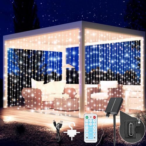 Upgraded Solar Curtain Lights, 300 LED Solar Powered Waterfall String ...