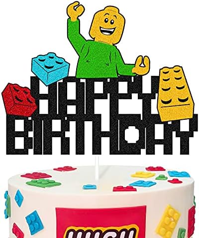 Amazon.com: Building Blocks Cake Topper Glitter Happy Birthday Cake ...