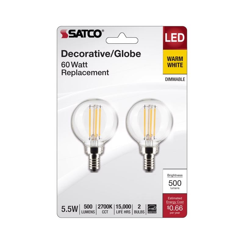Satco S21813 5.5 Watt G16.5 LED Bulb, Clear, Candelabra Base, 2700K ...
