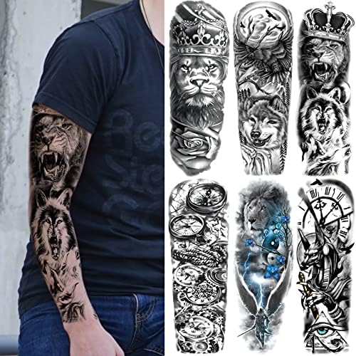 Amazon.com : Wolf Lion Temporary Tattoo Sleeves, Full Arm Black Tribal ...