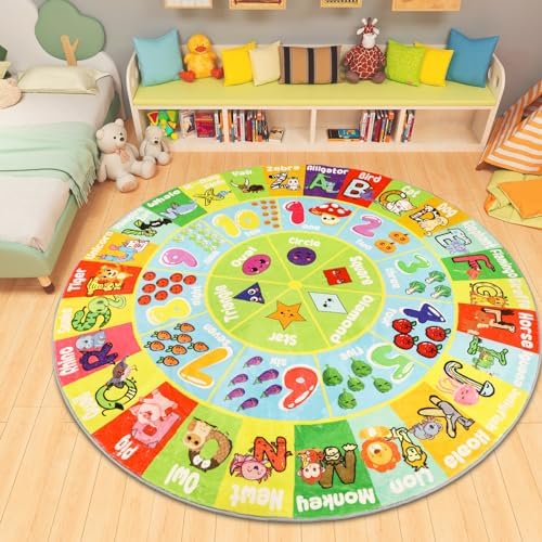 Mfmiudole Round ABC Kids Rug Plush 120×120CM Educational Playmat Rug ...