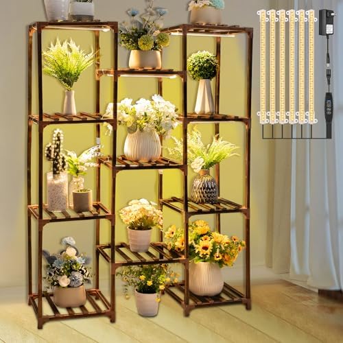 Amazon.com: Dreyoo Plant Stand with Grow Lights, Wood Plant Shelf with ...