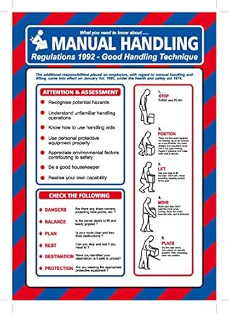 SAFE MANUAL HANDLING POSTER 400g LAMINATED A4 SIGN. Clear health and ...