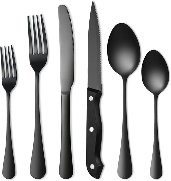 IMLUCKY Juego de cubiertos negros 48 piezas- Utensilios de cubiertos de ...