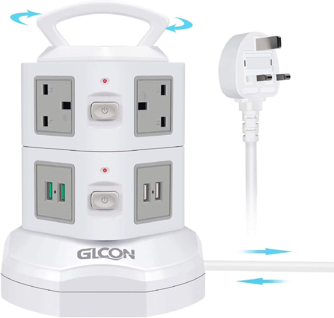 Retractable Tower Extension Lead with 4 USB Slots (5V/3.1A), GLCON 6 ...