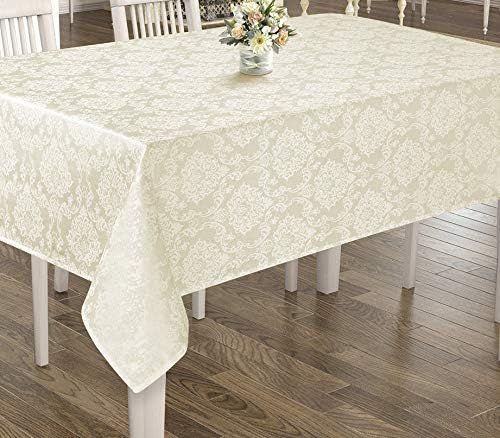 Tropik Home Rectangular Cream Poly-Cotton Tablecloth with Damask Design ...
