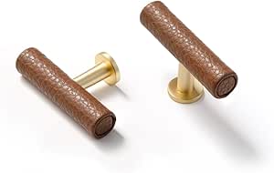 JIASENBAO Brown Leather Drawer Pulls 5 Pack T Leather Dresser knobs Pulls for Kitchen Drawers ...