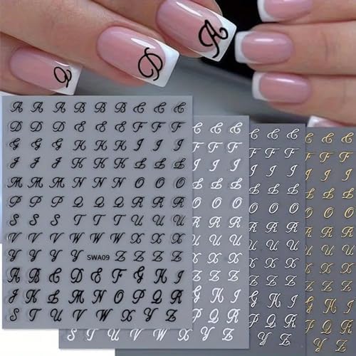 Amazon.com: Letter Nail Art Stickers 4 Colors Vintage English Letter 3D ...