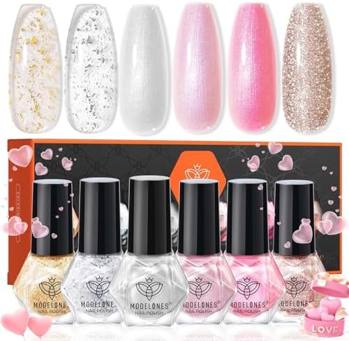 Amazon.com : modelones Pink Nail Polish Set, 6 Colors White Gold Foil ...