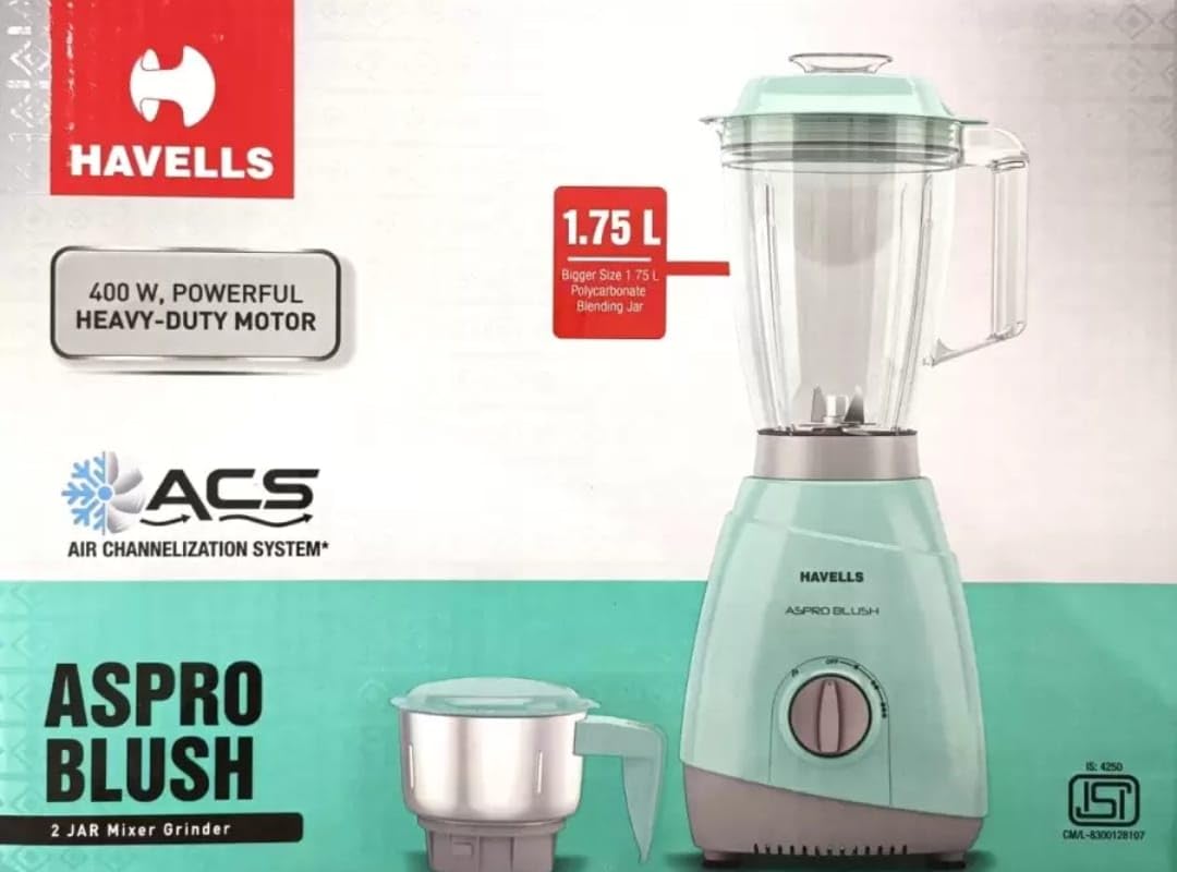Buy Havells Aspro Plus 400W 2 Jar Mixer Grinder, High Speed 21000 RPM ...