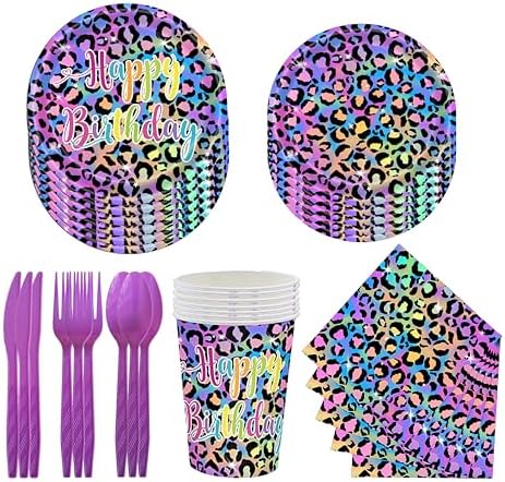 Amazon.com: 96 Pcs Neon Rainbow Leopard Birthday Tableware Set Girl's ...