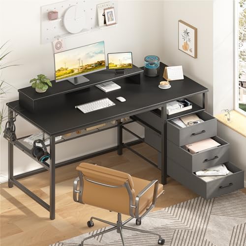 Amazon.com: YOMILUVE Computer Desk with 3 Drawers & Storage Shelf ...