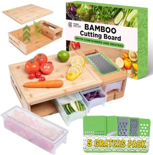 Amazon.com: Bamboo Cutting Board With Containers & 5 Graters- Meal Prep ...