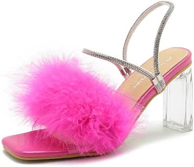 Amazon.com | Womens Fluffy Heel Sandals Summer Dressy Square Toe Clear ...