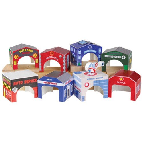 Constructive Playthings Wooden Community Buildings and Helicopter for ...