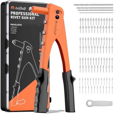 AojSup Rivet Gun Set, Pop Rivet Gun 100pcs Metal Rivets and 4pcs HSS ...