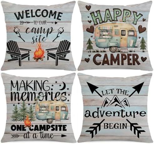 Amazon.com: Happy Camper Throw Pillow Covers Set of 4 18" x 18" Vintage ...
