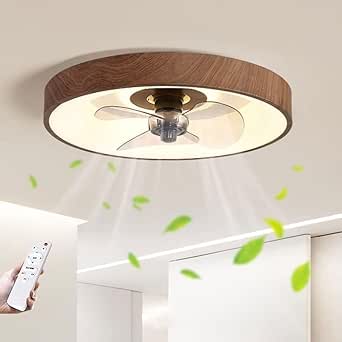 SHESRA Wood Grain Low Profile Ceiling Fan with Lights 18 Inch Copper ...