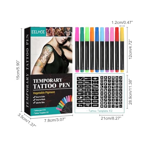 Temporary Tattoo Pen with 10 Tattoo Pens and 2 sheets Tattoo Stencils ...