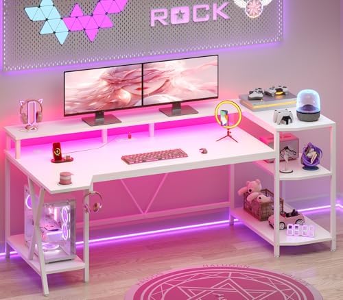 Amazon.com: SEDETA White Gaming Desk 70.8'' with LED Lights and Storage ...