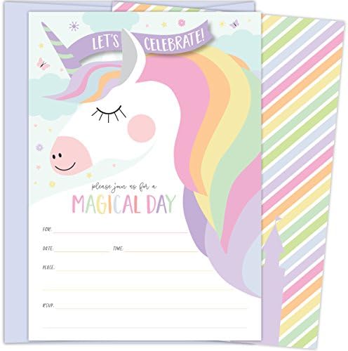 Amazon.com : JCVUK Unicorn Birthday Invitation Cards, Magical Rainbow ...