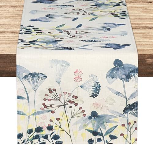 Betylifoy Blue Floral Table Runner Watercolor Lotus Table Runner Rustic ...