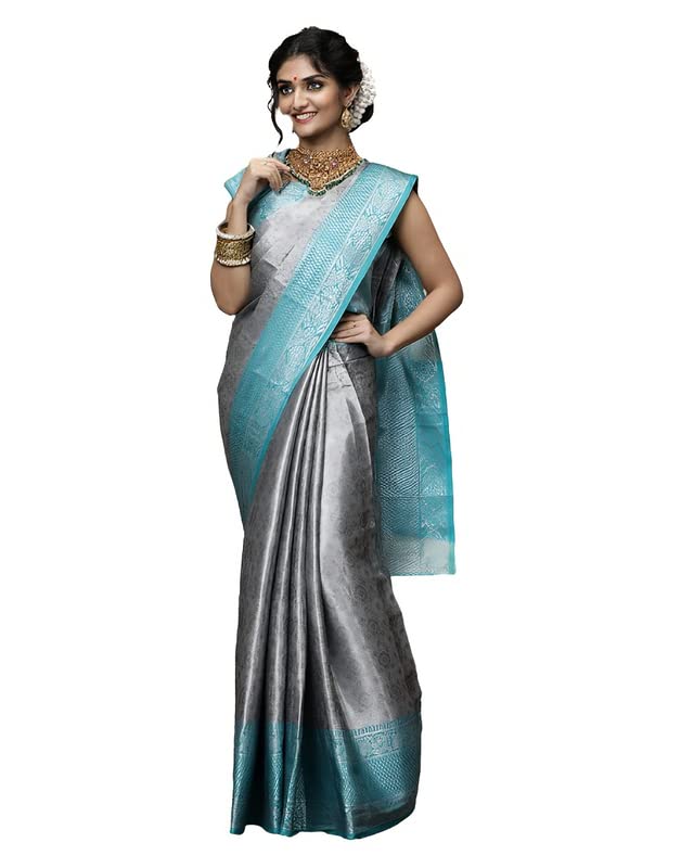 Buy V Women's Banarasi Silk Saree With Blouse Piece (Ash Silver) at ...