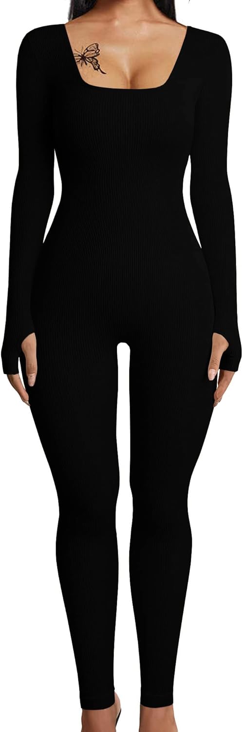 Amazon.com: HOPYOP Sexy Long Sleeve Jumpsuit for Women, One Piece Ribbed Workout Rompers ...
