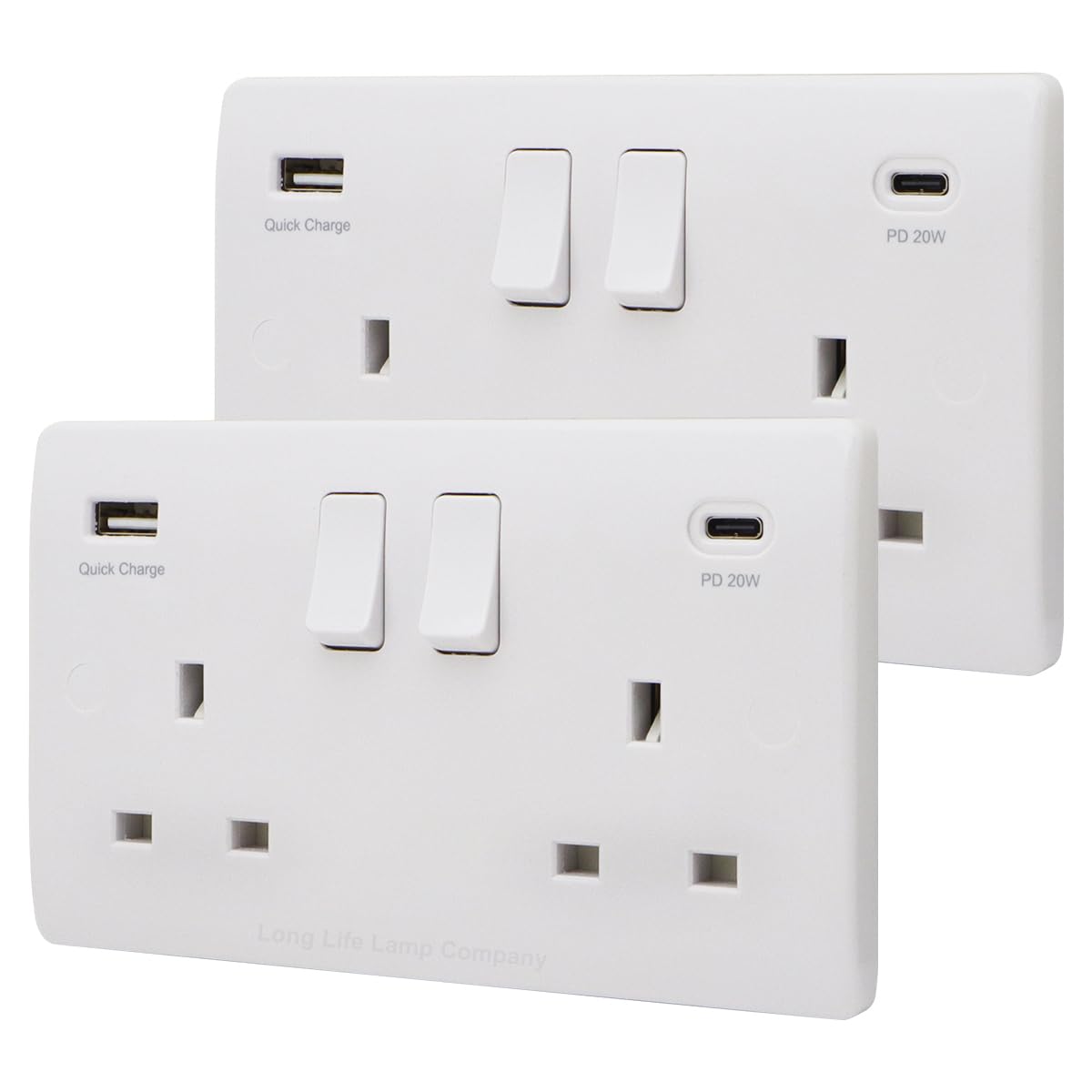 2 Gang 13amp Double Switched Socket USB C PD20W and A Quick Charge, UK ...