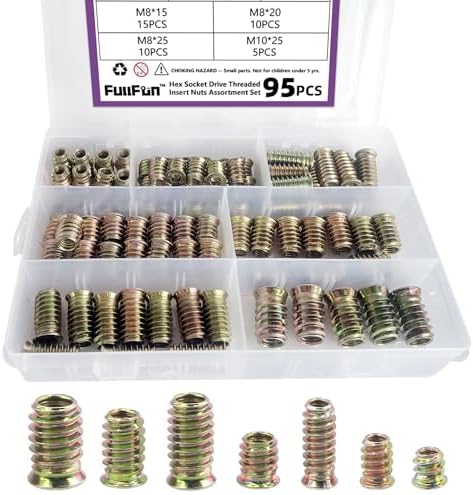 FullFun 95PCS Metric Threaded Inserts Nuts for Wood, M6/M8/M10 Carbon ...