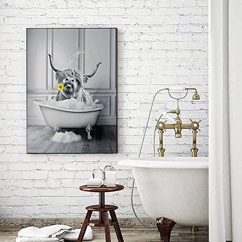 MKHFUW Scottish Highland Cow Wall Art Black and White Canvas Picture Cottage Bathroom Decorative ...