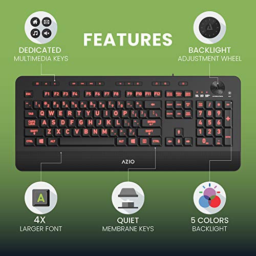 Azio Vision Backlit Computer Keyboard - Wired USB Keyboard with LARGE PRINT keys and 5 ...