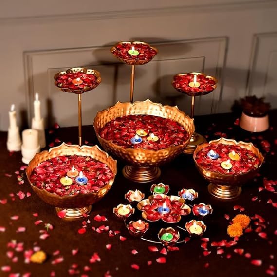 Buy Diwali Pooja Taj Bowl Urli Set Candle Flower Stand Floating Diyas ...