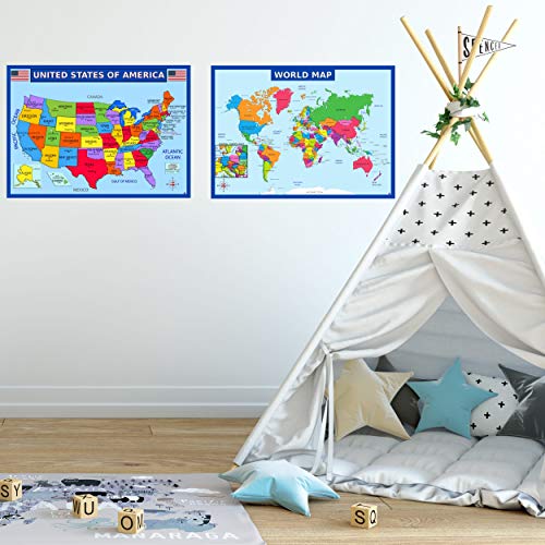 World Map Poster and United States USA Map Poster for Kids - Laminated ...