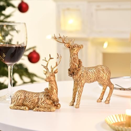 Amazon.com: DN DECONATION 2pcs Gold Christmas Reindeer Statue ...