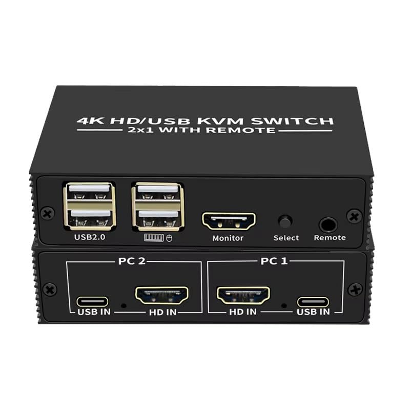 4K HDTV KVM Switch, 2x1 USB Type C with Remote, Dual Computer Monitor ...