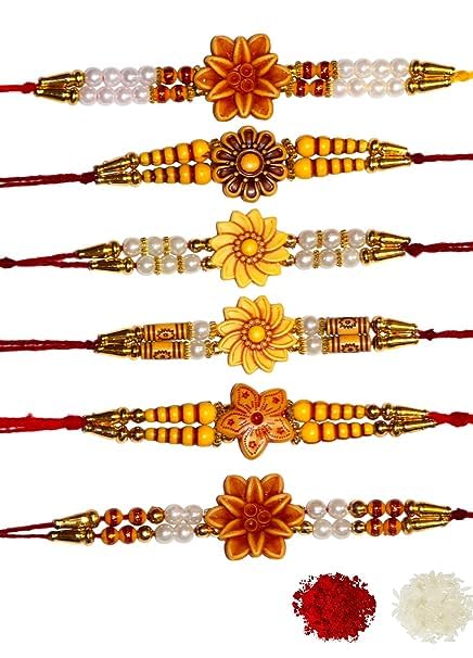 Buy Nemi Enterprises SET OF 6 PEARL WOODEN MULTICOLOUR RAKHI BROTHER ...