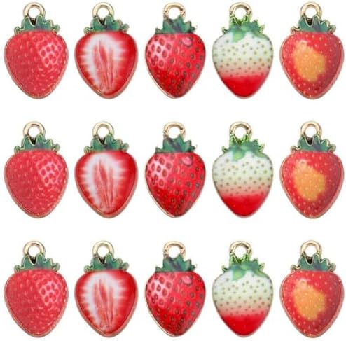 SUNNYCLUE 1 Box 50Pcs 5 Colors Strawberry Charms Bulk Fruit Charms Mini ...