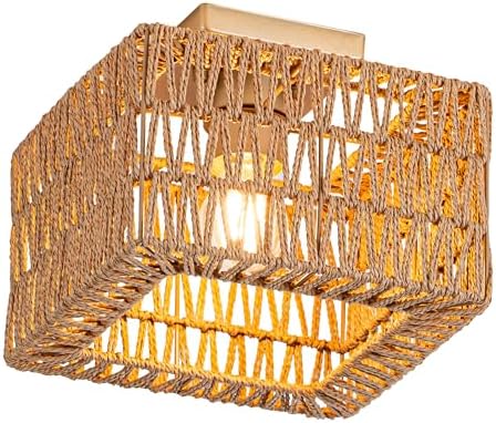 Rpzloila Rattan Ceiling Light, Gold Boho Light Fixture, Square Flush ...
