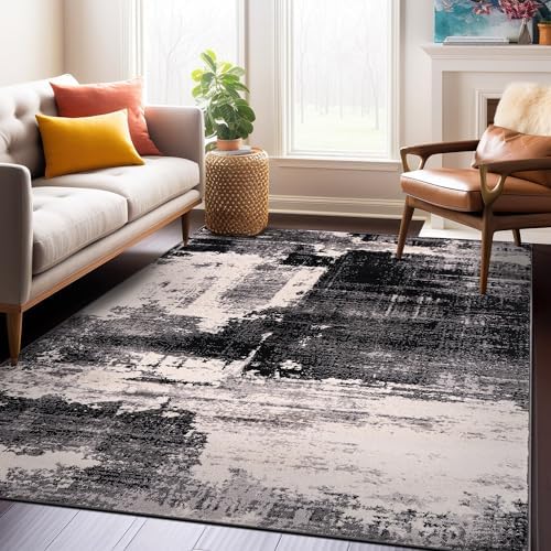 Amazon.com: Grey Black Area Rug Modern Design with Abstract Paint ...